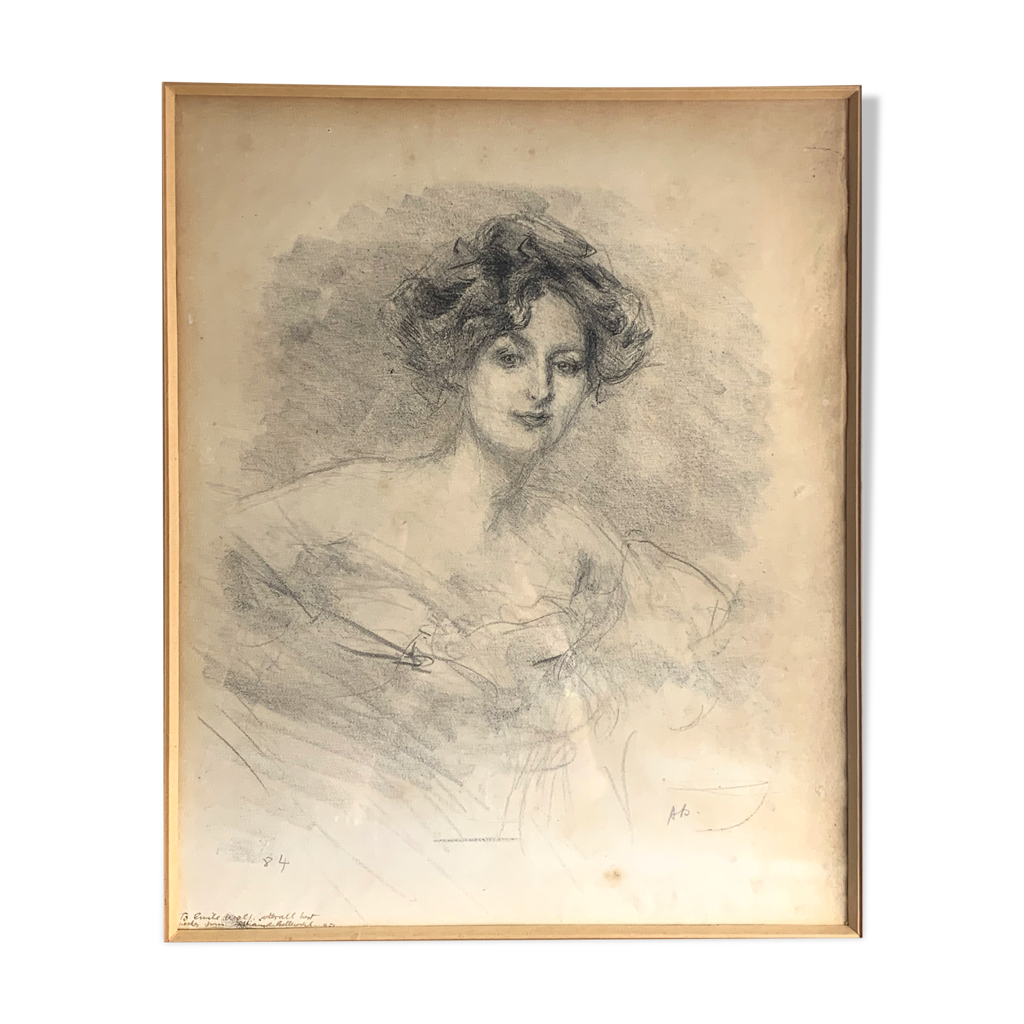 Dessin au crayon signé représentant un portrait de femme au buste signé ...