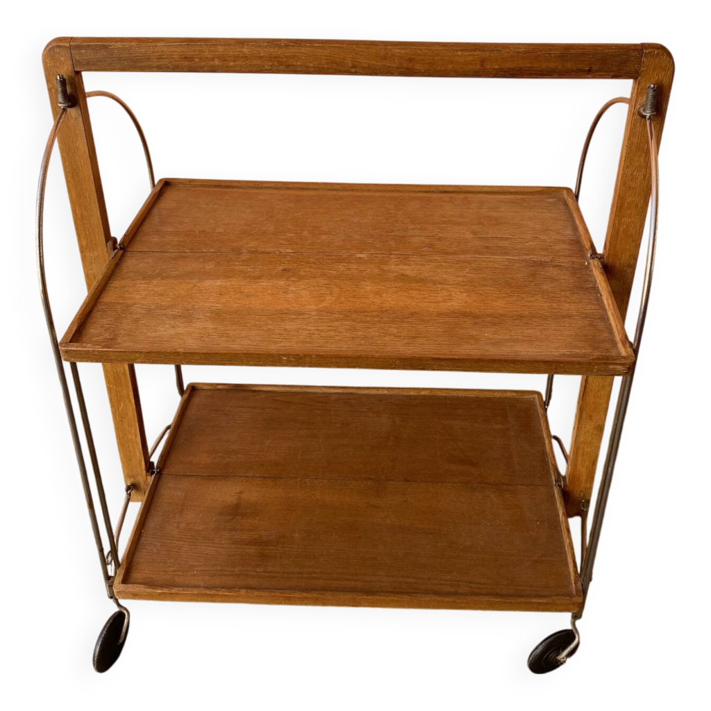 Table roulante Mondineu années 60 pliante chêne et chrome estampillé | Selency