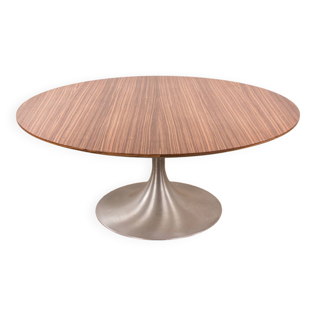 Large round coffee table with tulip leg in brushed aluminum and zebrano 1960. | Selency
