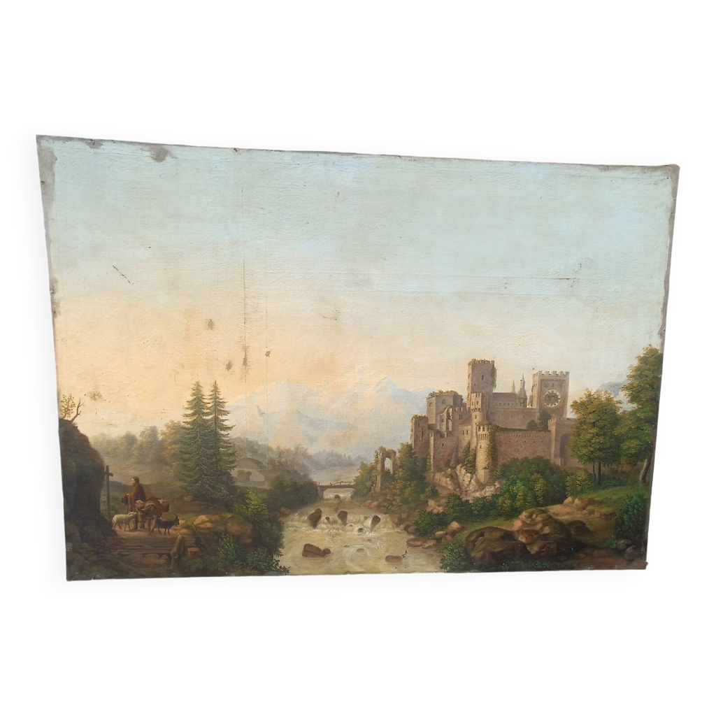 Grand tableau ancien paysage de château, huile sur toile signée Kraft 1850 | Selency