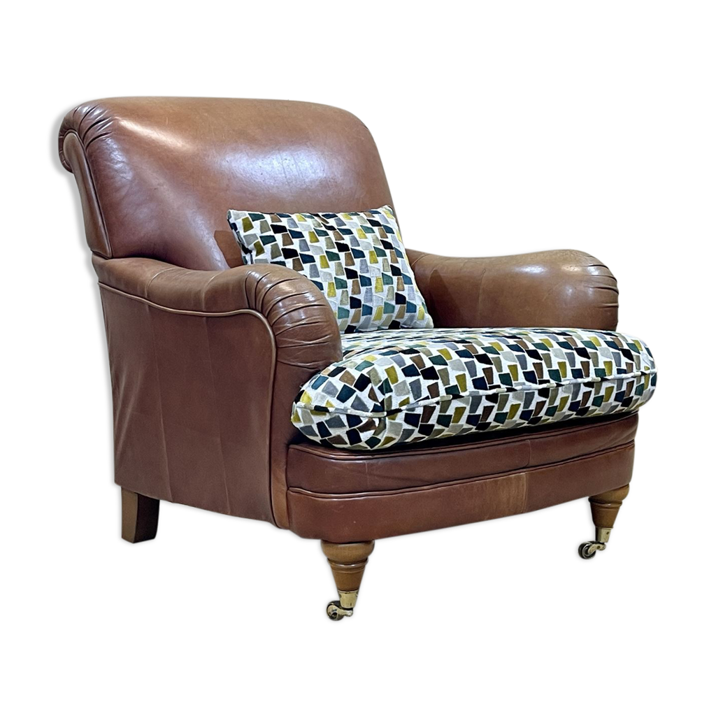 English club armchair in leather from the 90s seat and cushion in PADDINGTON fabric from CASAMANCE
