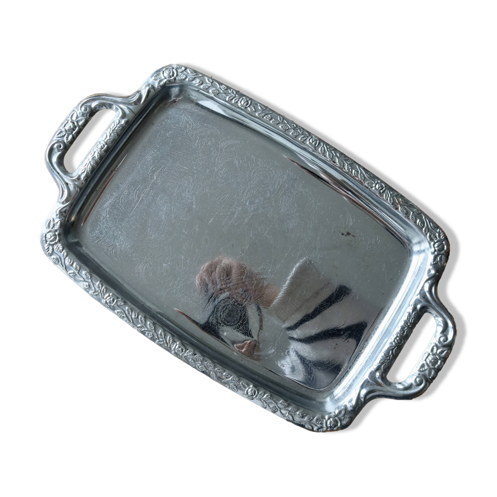 Plateau rectangulaire vintage en métal argenté brillant - Motif gravé ...