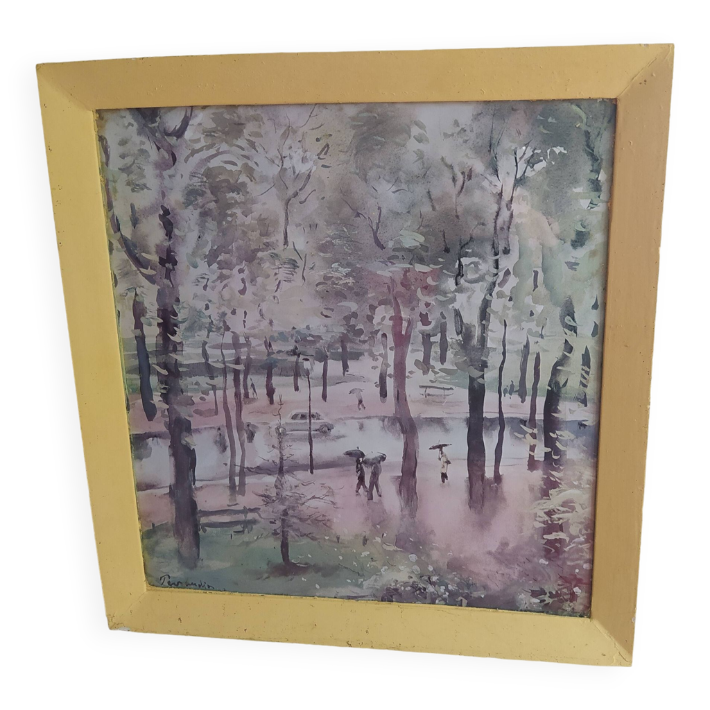 Aquarelle Paul Perraudin (1907-1990) promenade au bois sous la pluie ...