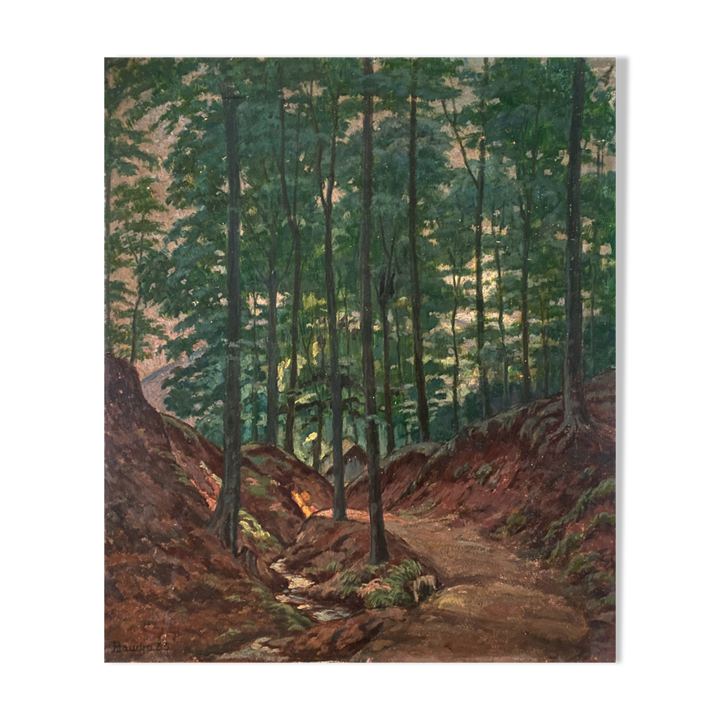 Tableau "Chemin ensoleillé en sous bois" signé Baudru 1933 | Selency