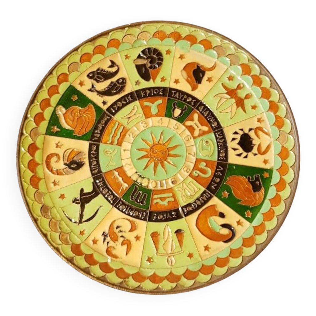 Assiette en bronze cloisonné années 30. Signes du zodiaque. | Selency