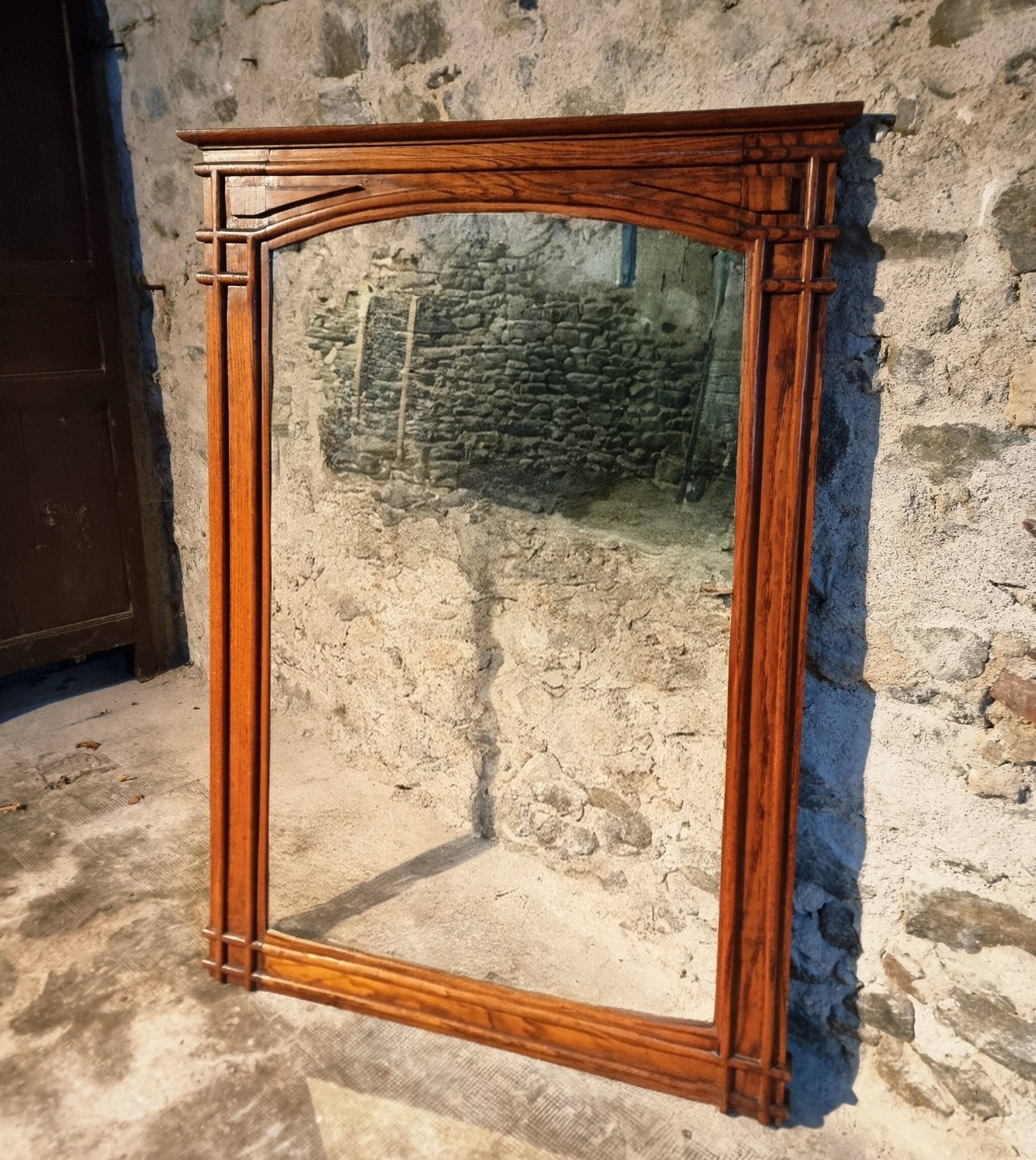 Miroir ancien français en chêne avec verre biseauté, 1900–1920 | Selency