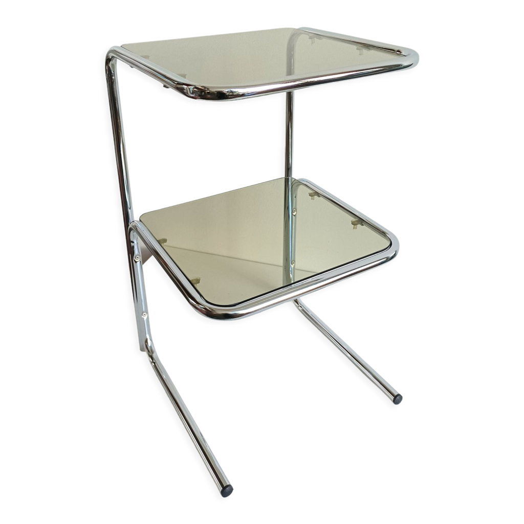 Table d'appoint chromé et verre fumé vintage 70s | Selency