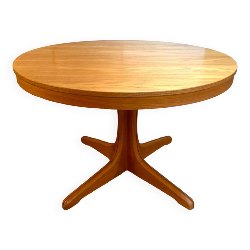 Vintage Scandinavian round table with central leg from the 70s with extension. | Selency
