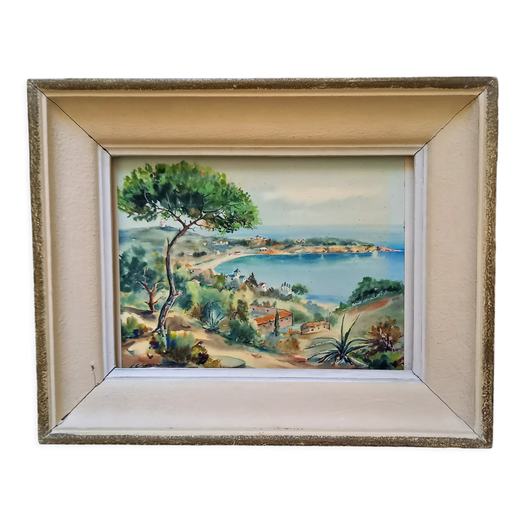 Aquarelle ancienne, vue de la baie de sant feliu de guixols, Costa Brava, années 1950/1960 | Selency