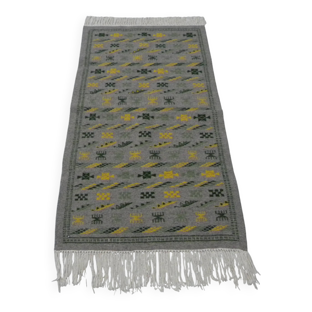 Tapis kilim Margoum Nomade tissé à plat gris et jaune | Selency
