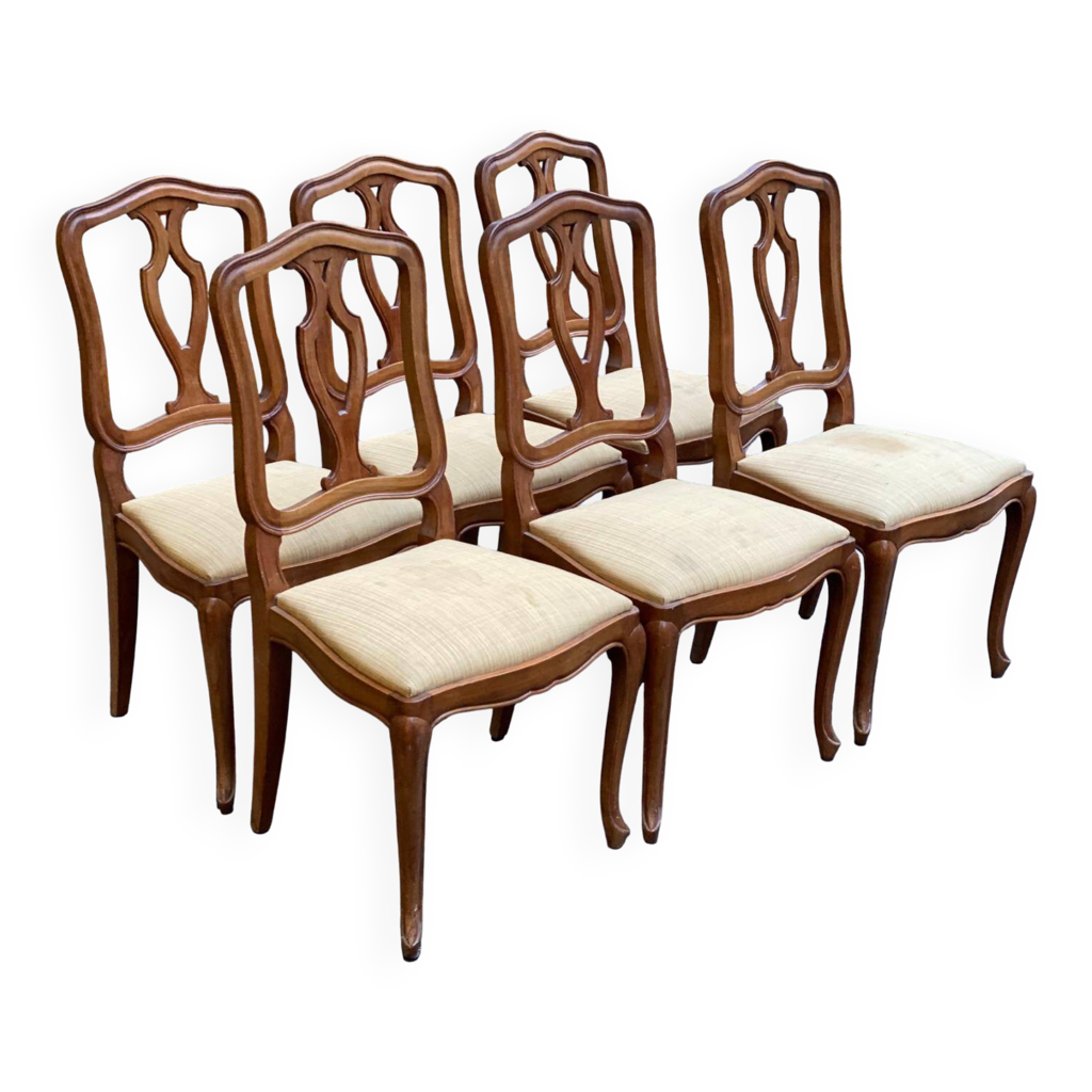 6 chaises Louis XV style régence en bois massif et tissu jaune beige ...