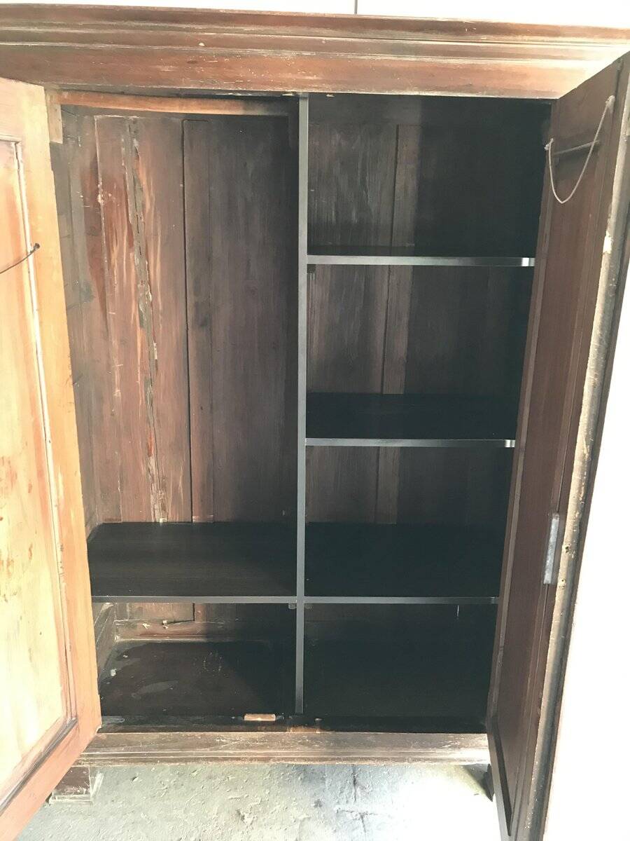 Armoire double ancienne en bois marron, 2 portes et 1 tiroir, corniche ...