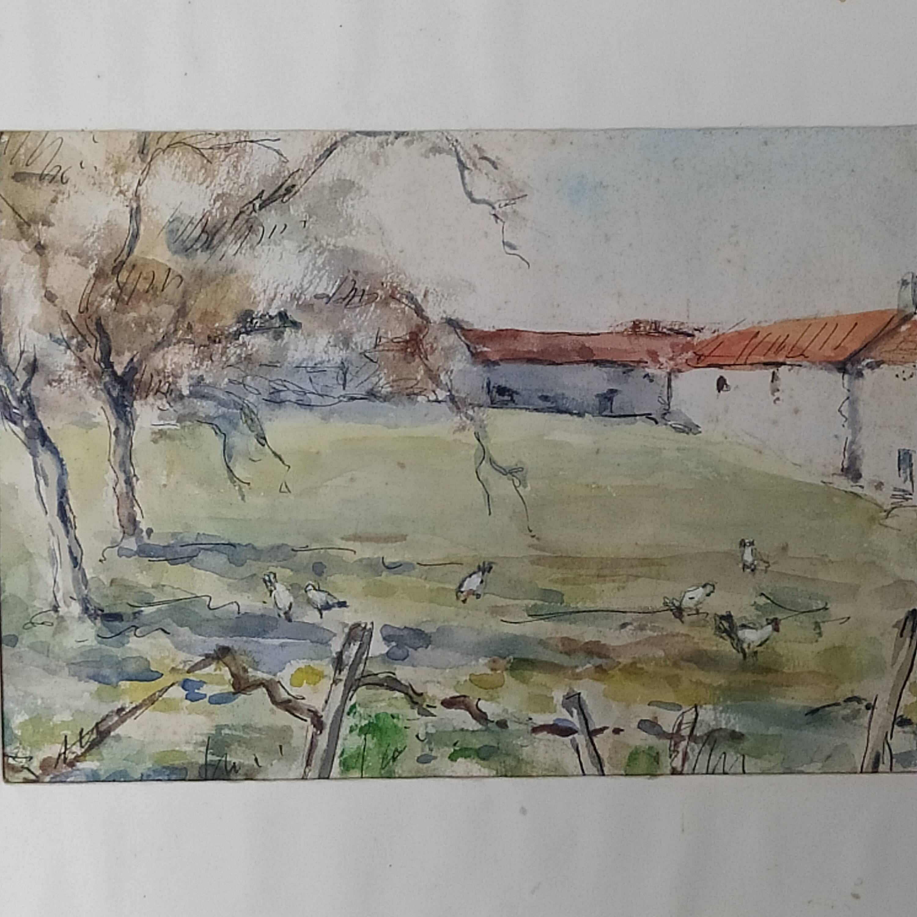 aquarelle signée René Lacaze Cour de ferme | Selency