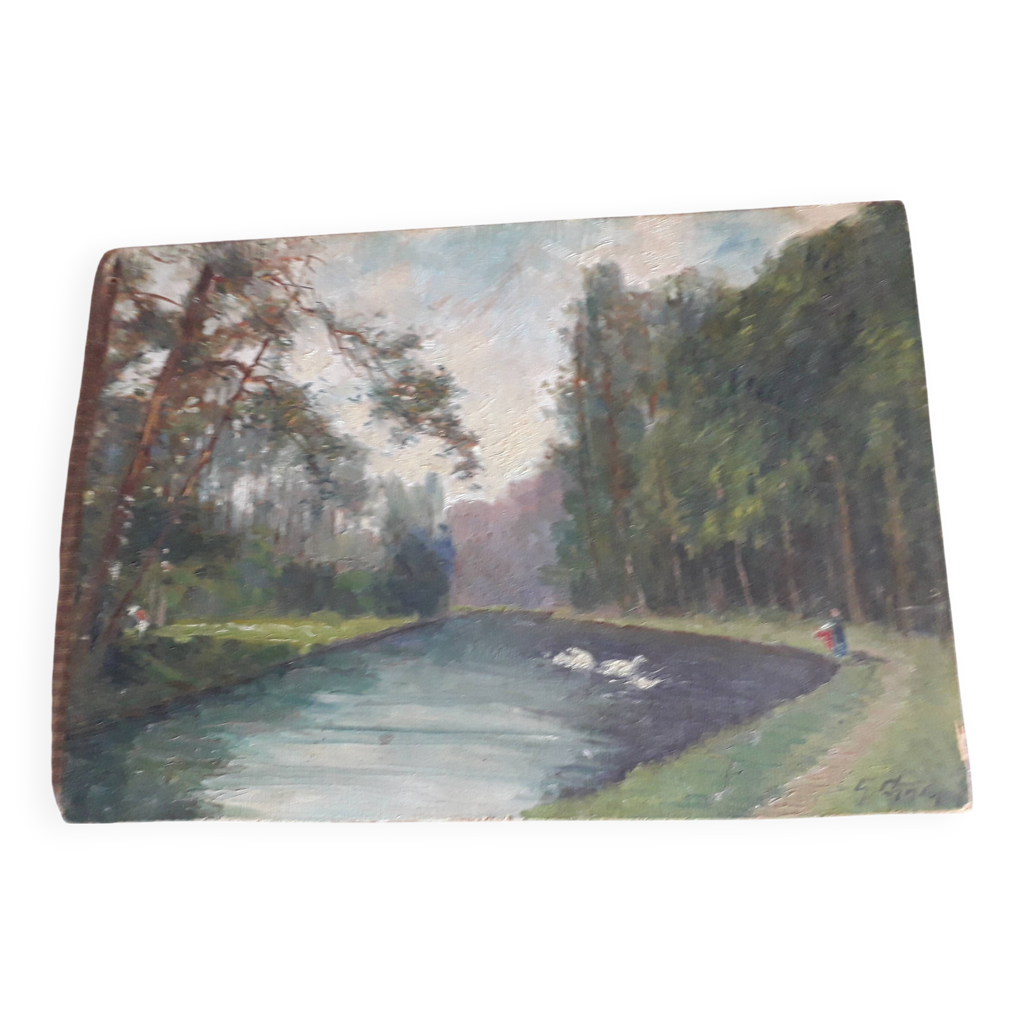 Tableau ancien à l'huile représentant un paysage | Selency