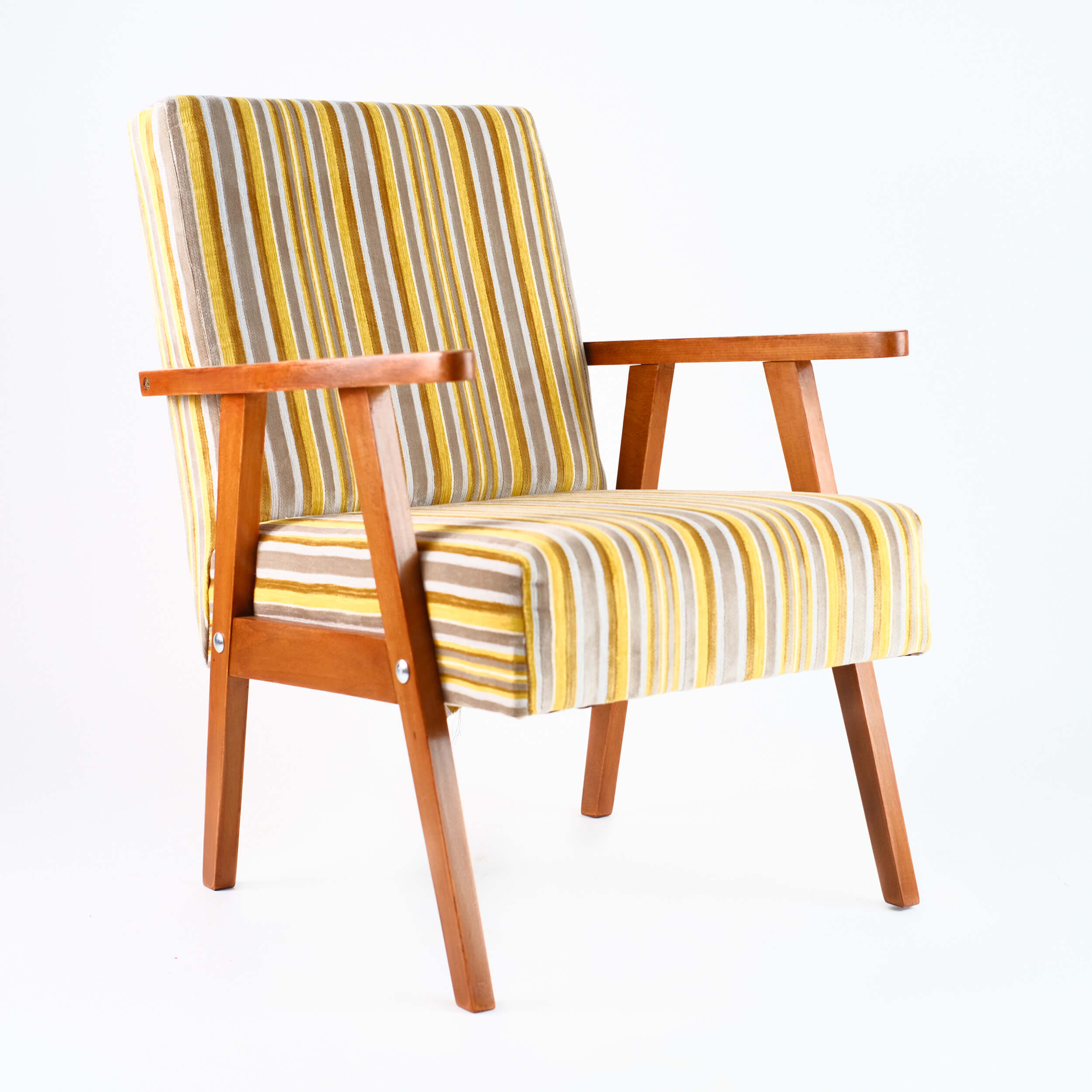 Fauteuil vintage jaune-gris rayures, velours Pierre Frey, bois massif ...