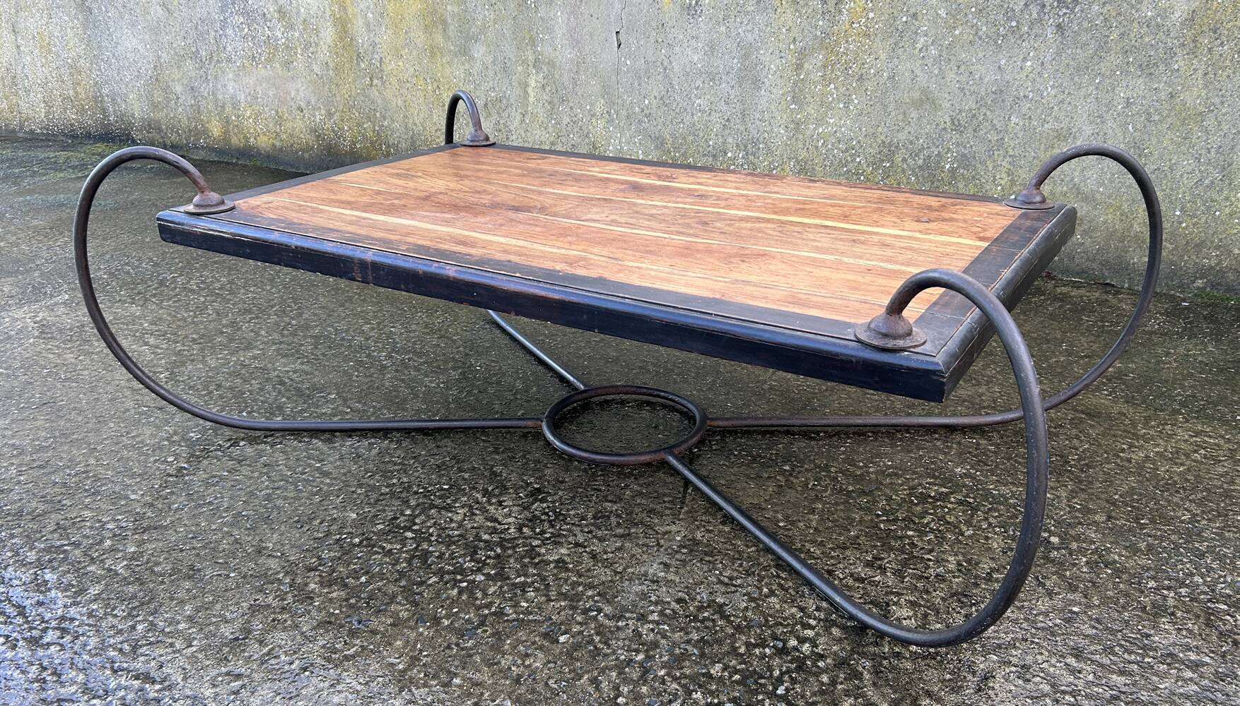 Large coffee table, wood and wrought iron, industrial spirit, vintage, 80s | Selency