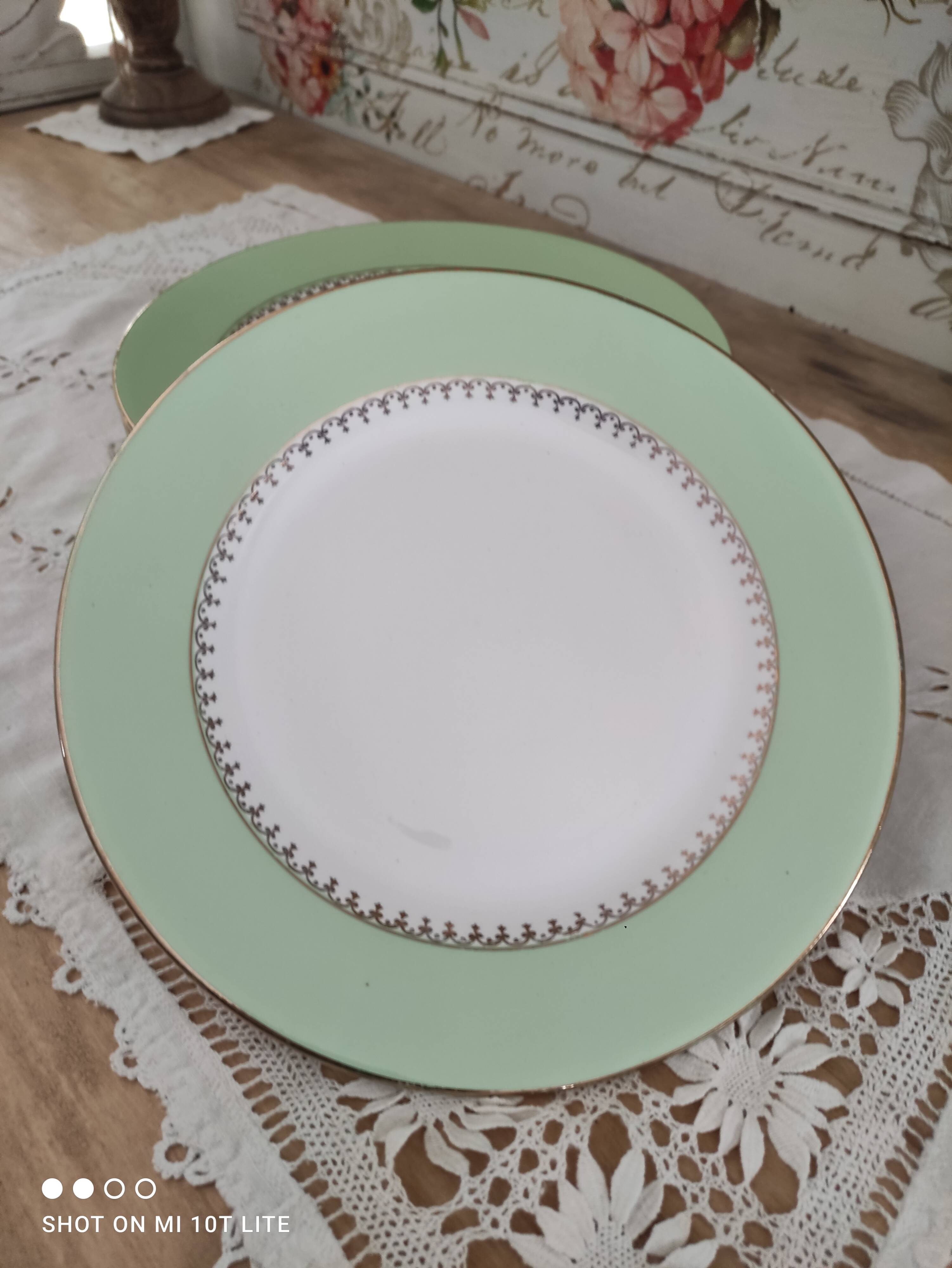 10 assiettes plates marli vert d'eau et frise dorée Cafés Lemaire | Selency