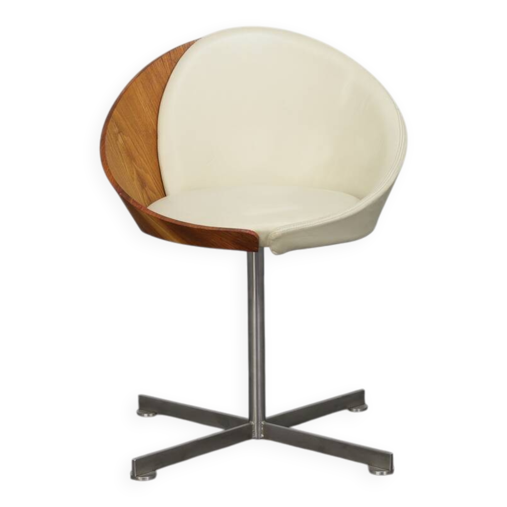 Chaise ronde moderne du milieu du siècle en teck, cuir et acier, années ...