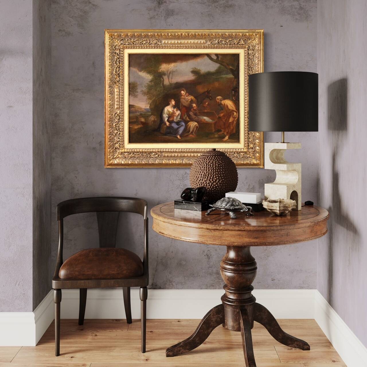 Tableau paysage avec scène familiale du XVIIIe siècle | Selency