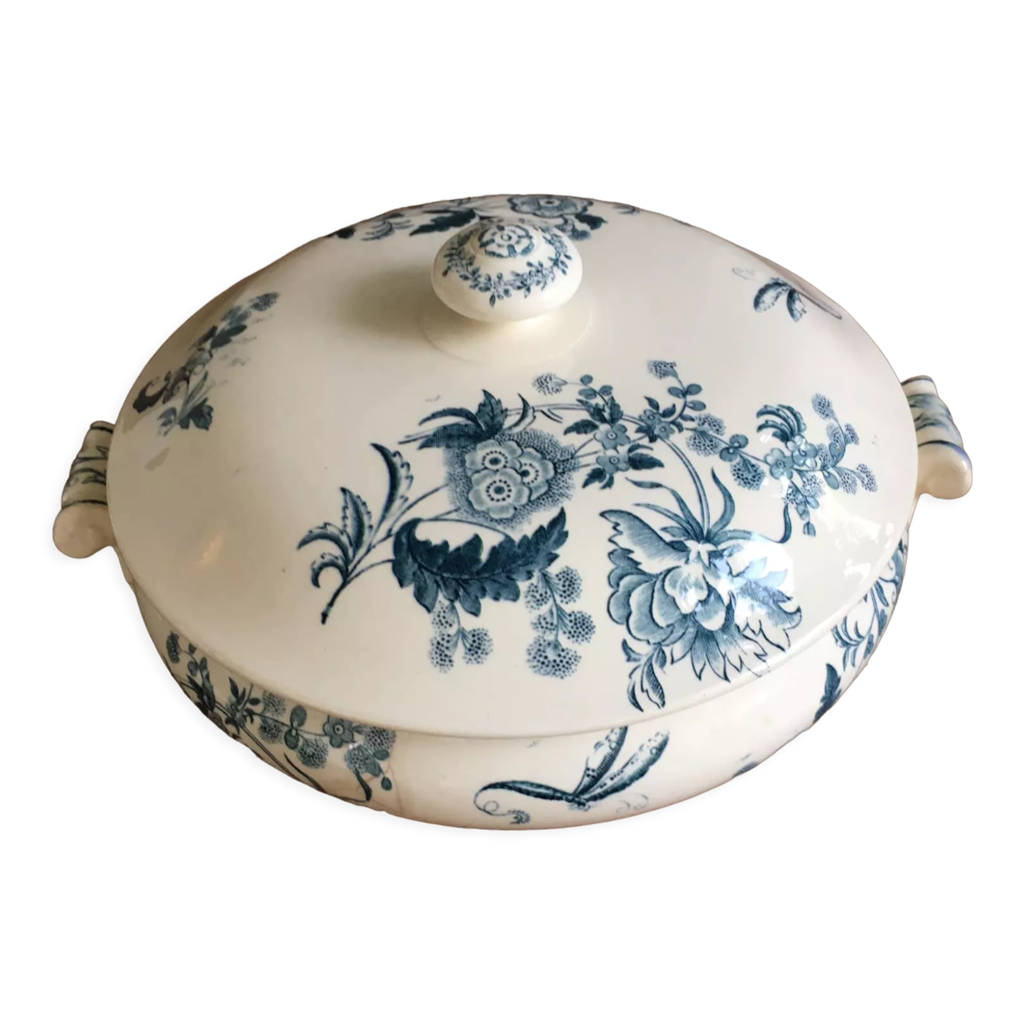 Soupière Longwy modèle ycho, décor de fleurs en camaïeu de bleu et ...