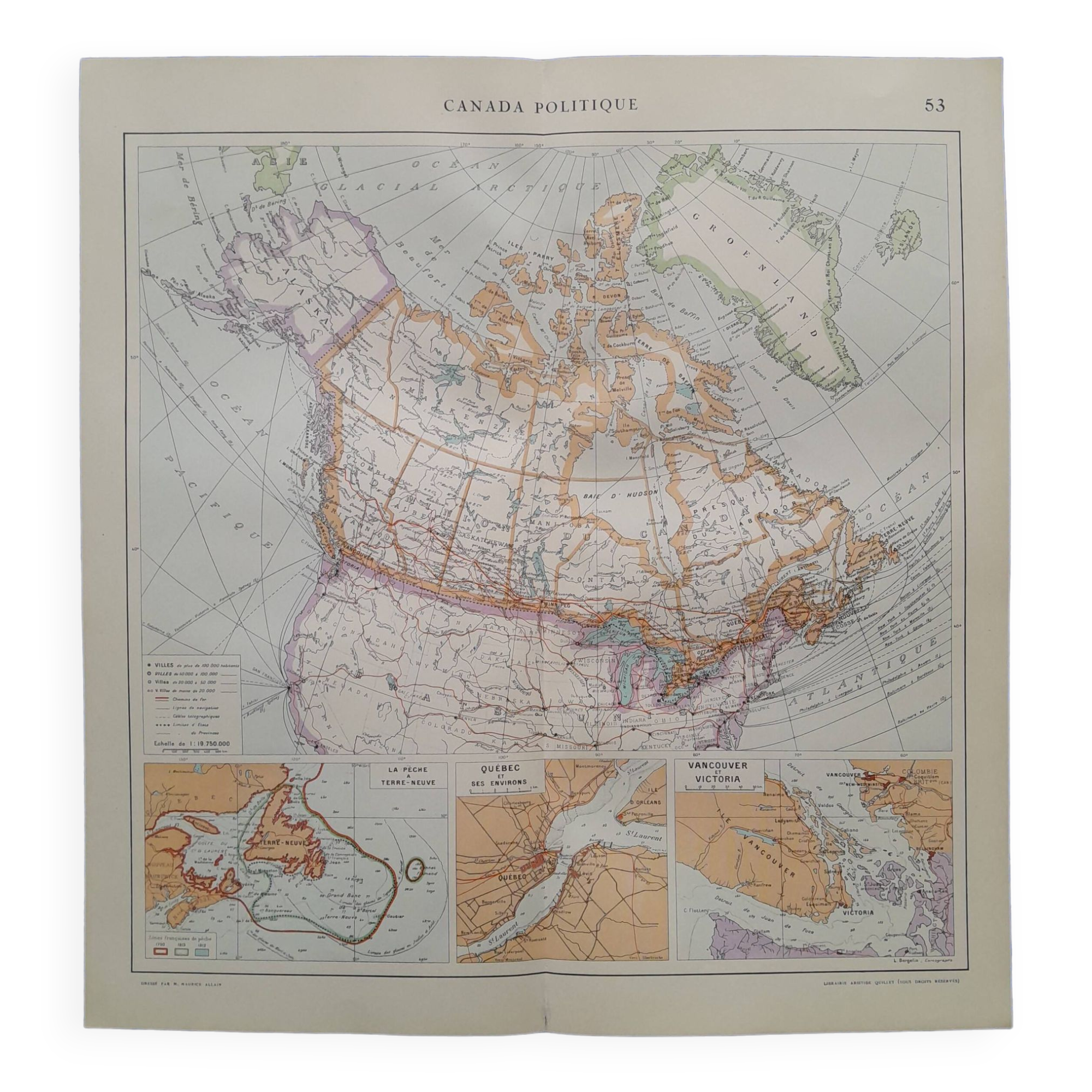 Carte géographique issue Atlas Quillet année 1925 : carte Canada ...