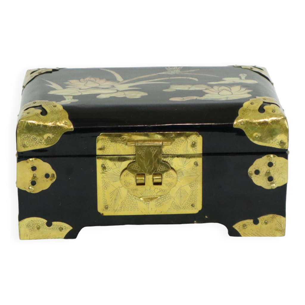 Chinese Jewelry Box with Lock Mother of Pearl Inlay Lotus Red Fabric ...