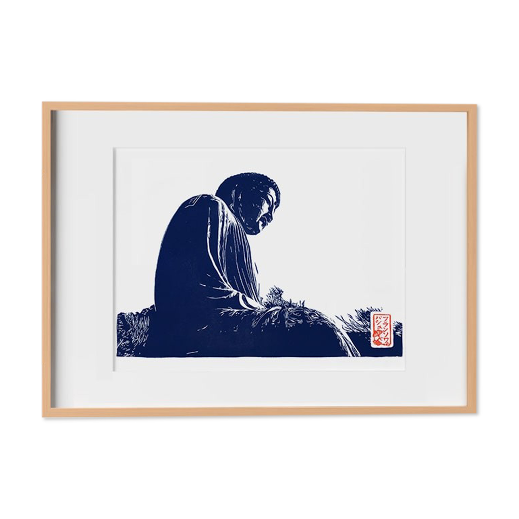 Linogravure fait main du Bouddha de Kamakura version bleu de prusse en ...
