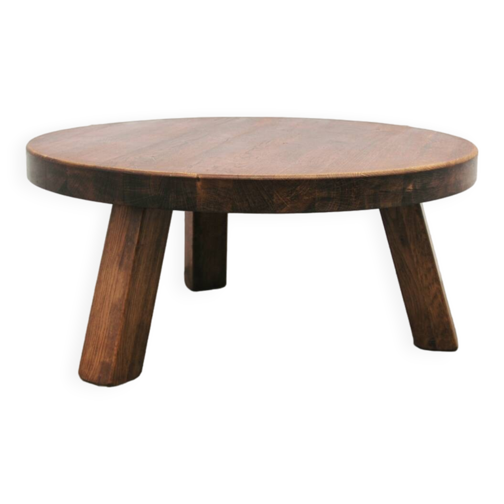 Table basse brutaliste ronde vintage en chêne | Selency