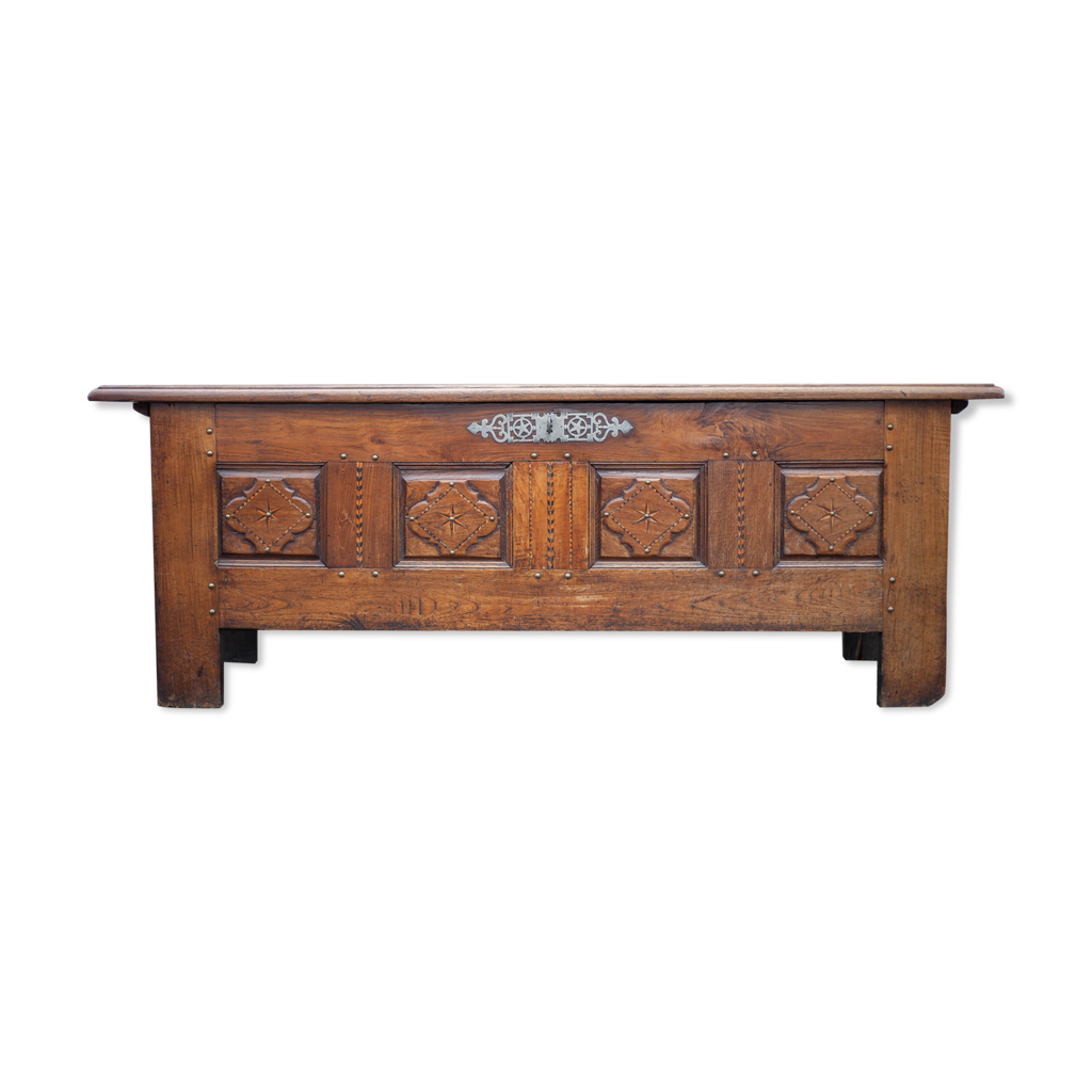 Coffre-banc breton en bois marqueté ancien, rangement, déco intérieur | Selency