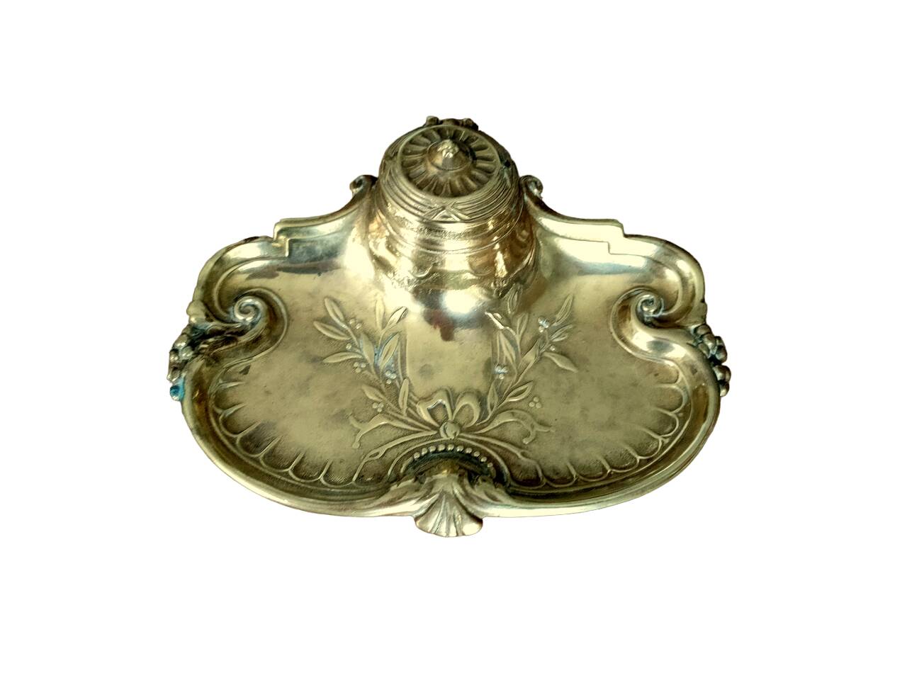 Encrier - Vide-poche Art-Nouveau en laiton avec son godet en porcelaine ...