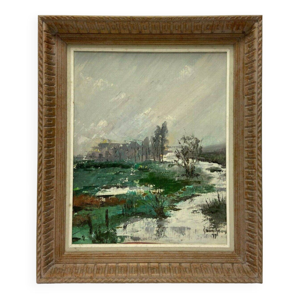 Huile paysage de rivière signé Grandjon ou Grandpon signature à ...