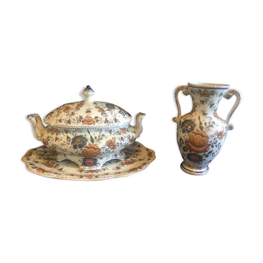 Faïencerie Hubert Bequet soupiere, plat et vase signés | Selency