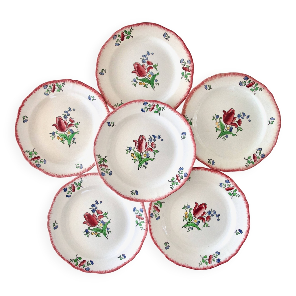6 Assiettes Plates Gien Lorraine Peintes à La Main Selency