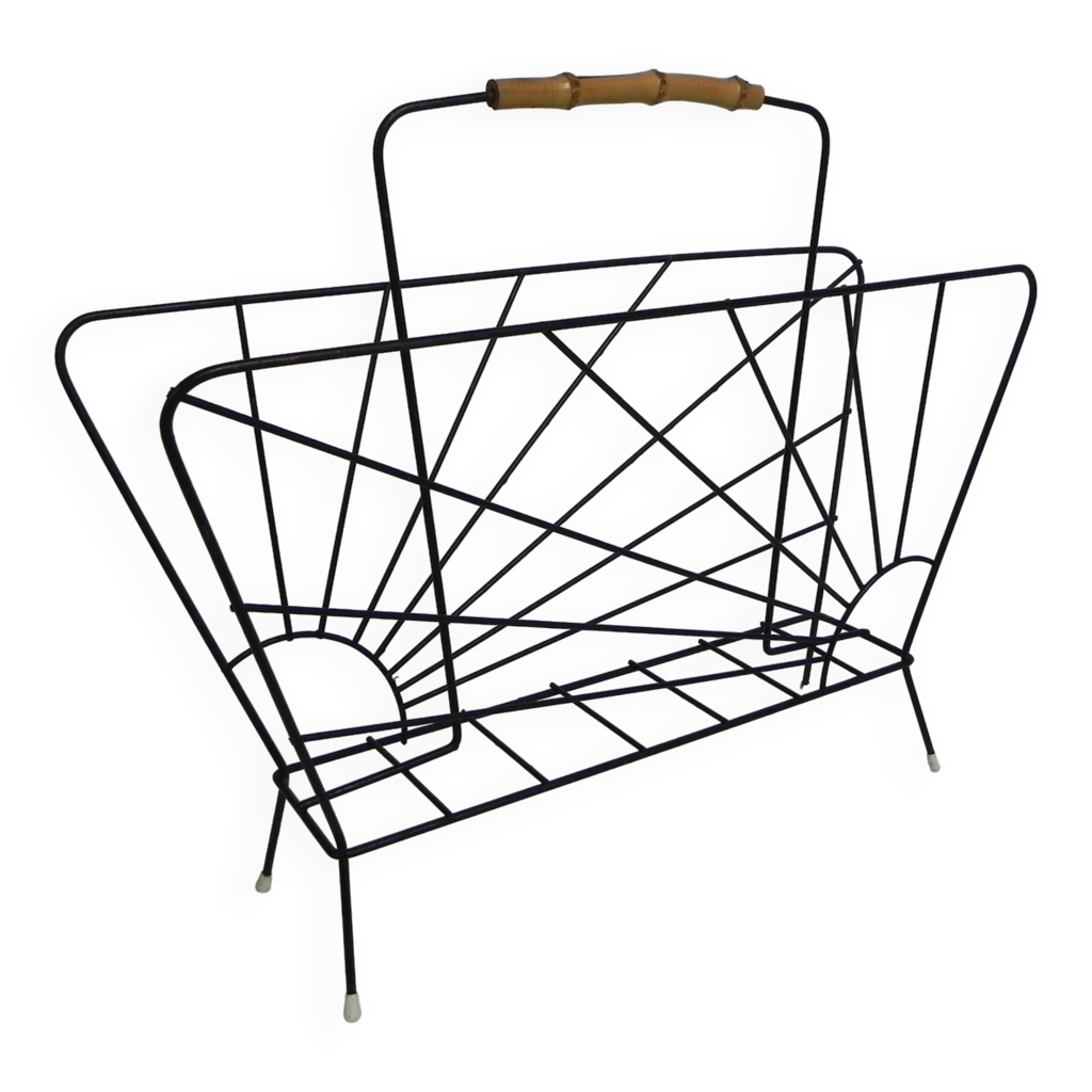 Newspaper rack made of steel wire and with a bamboo handle, 1950s | Selency