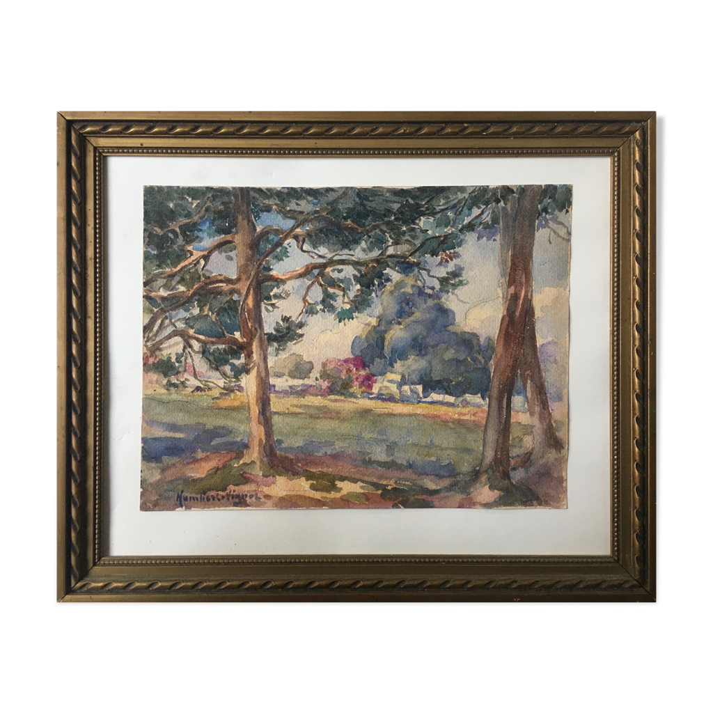 Tableau Aquarelle 1889 : "Paysage de campagne" Humbert-Vignot (1878-1960) | Selency