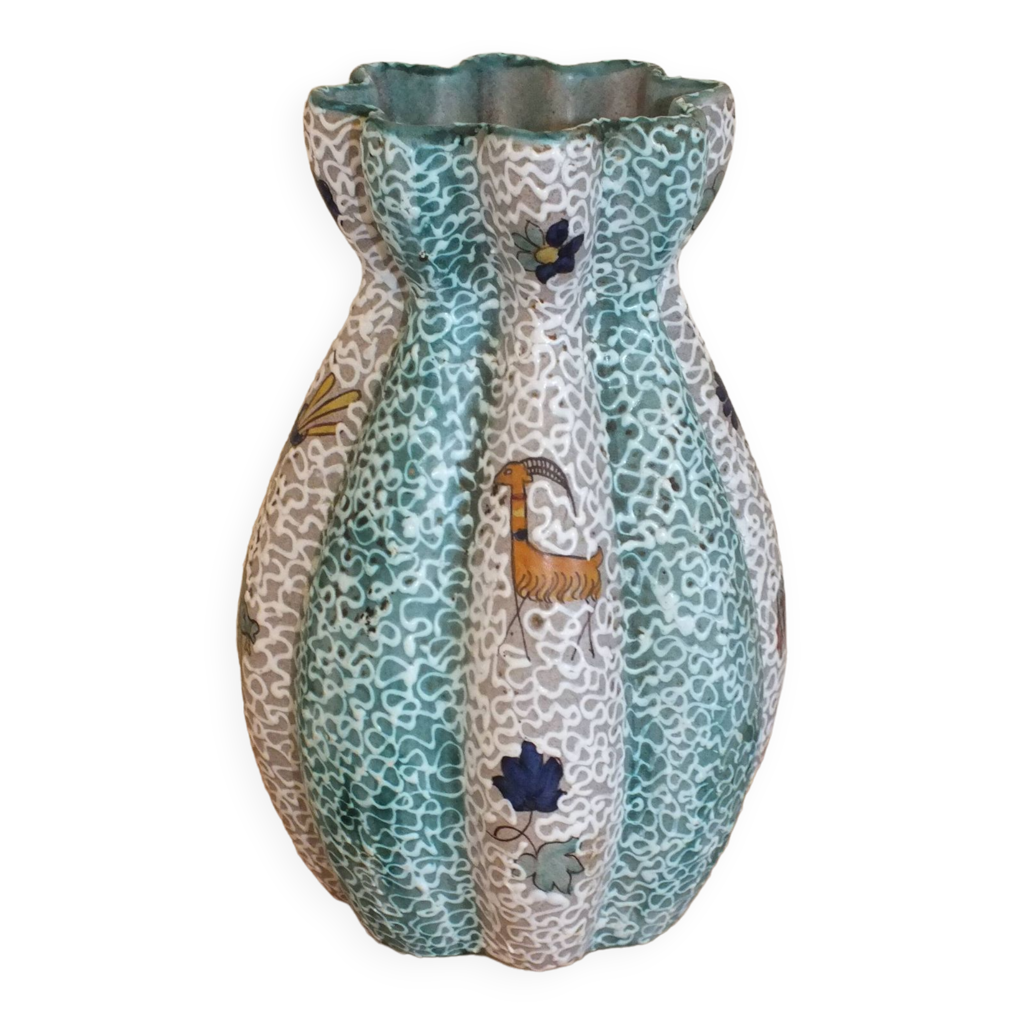Vase Volpi Deruta Italy à col pincé et émaux réticulés décor animaux ...