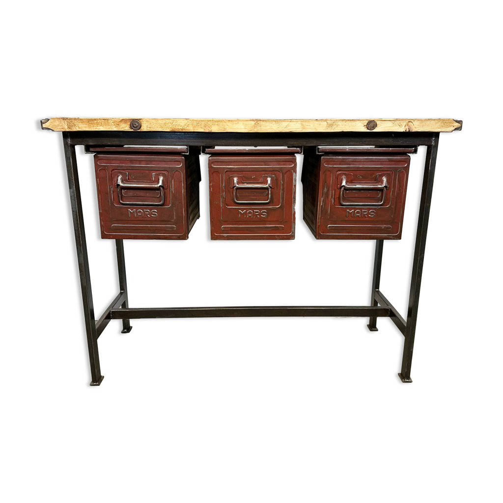 Industrial worktable with three iron drawers, 1960s | Selency