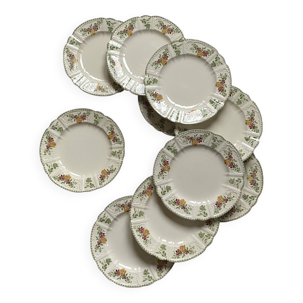 10 flat plates in Sarreguemines polychrome ironstone, gold Sun model ...