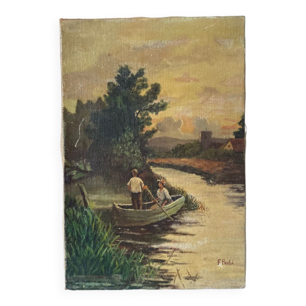 Tableau peinture ancienne barque romantique signée | Selency