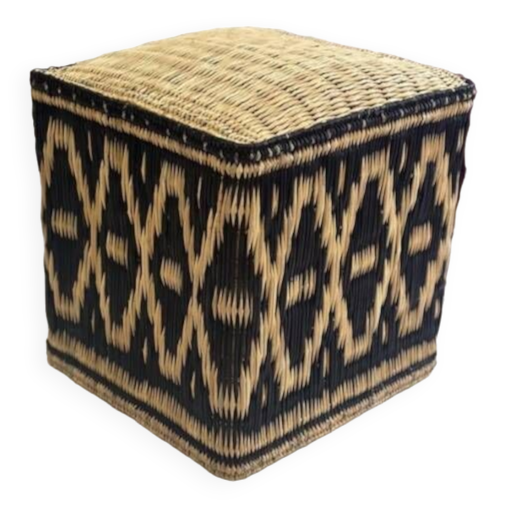 Pouf marocain assise cube en rotin osier graphique ikat vert foncé ...