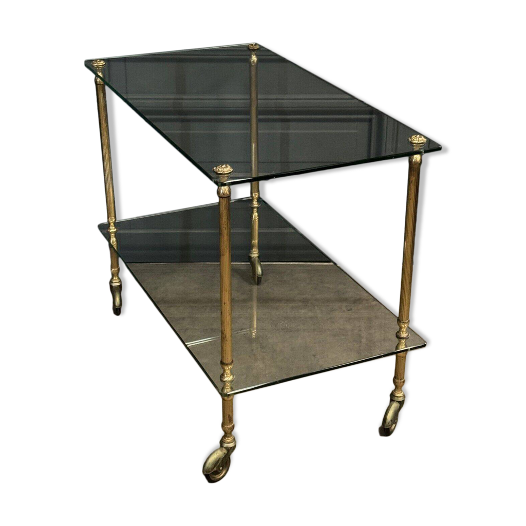 Bar roulant 1960 deux plateaux en verre et laiton doré | Selency
