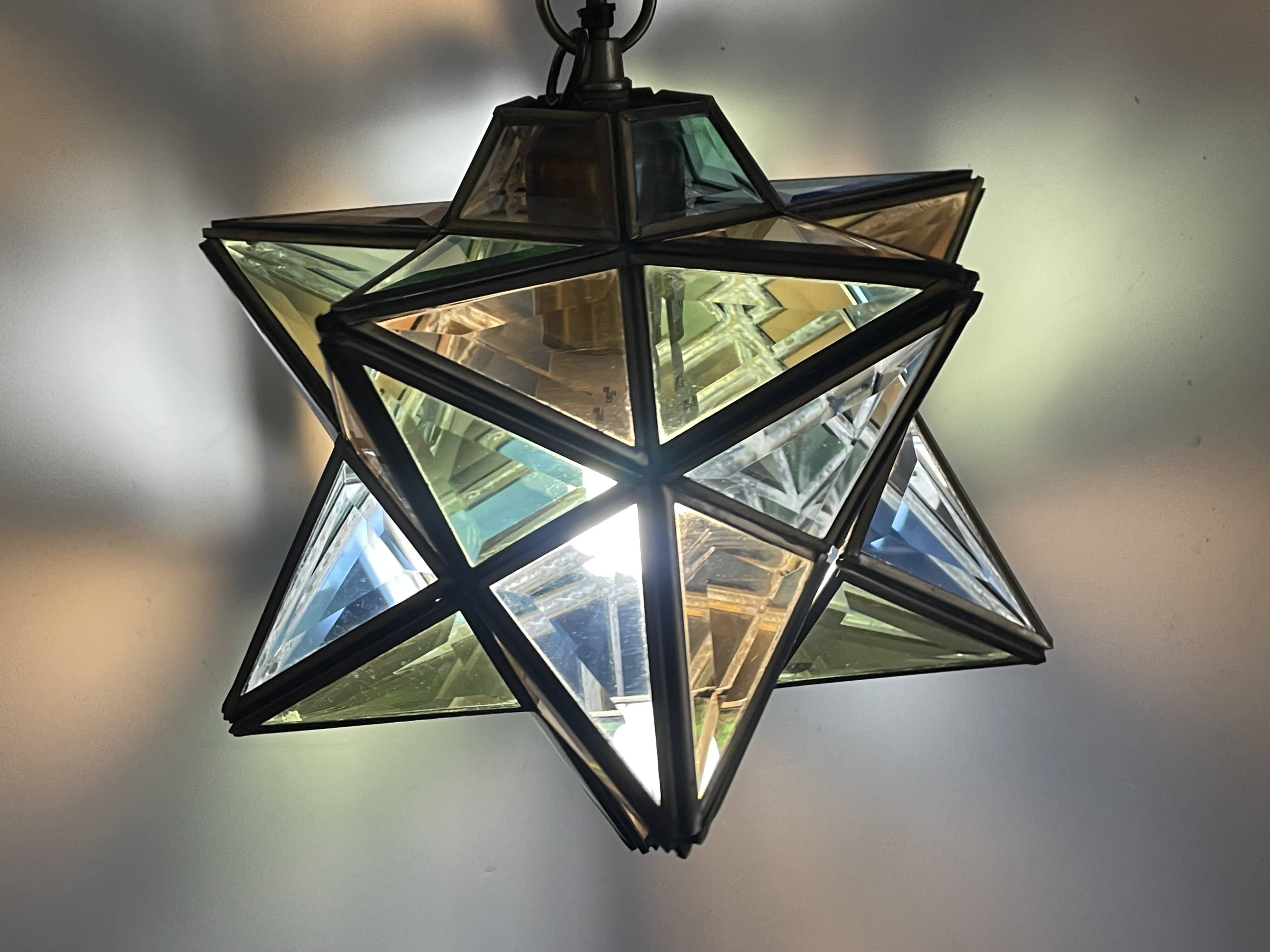 Lustre Nordique géométique étoile verre bisauté teinté et laiton 25 à ...