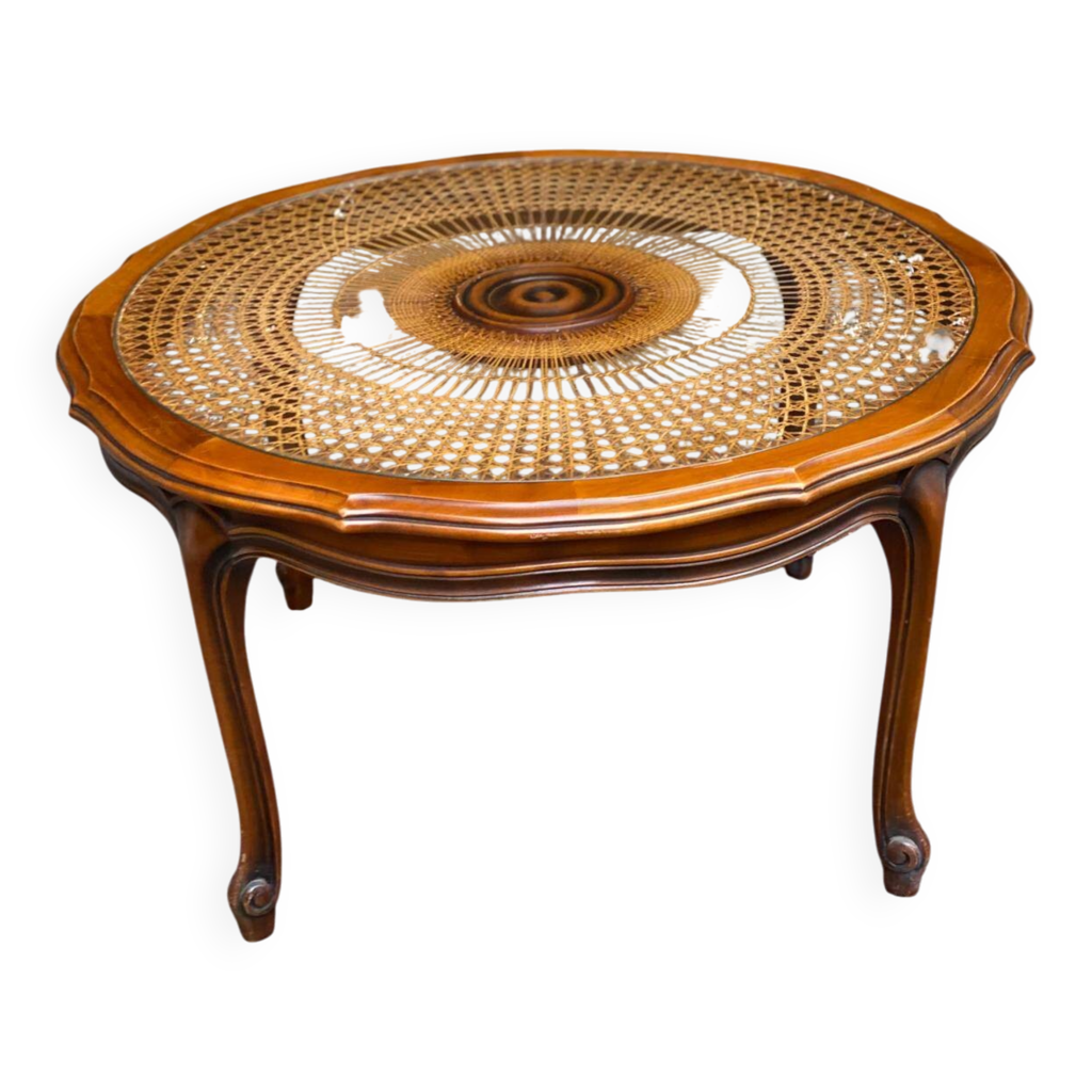 Table basse ronde impériale Louis VX en bois massif cannée et verre ...