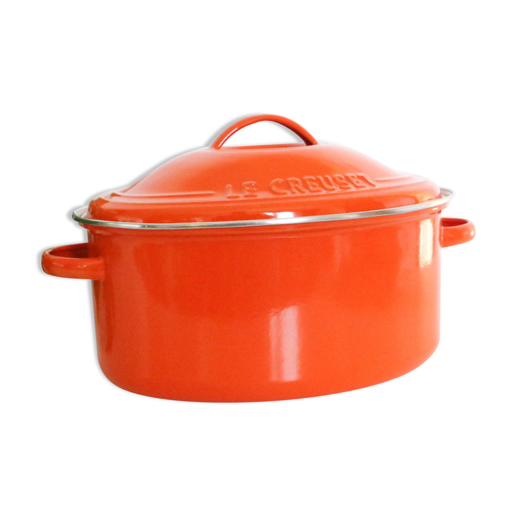 Marmite cocotte en métal émaillé Le Creuset, orange, vintage | Selency
