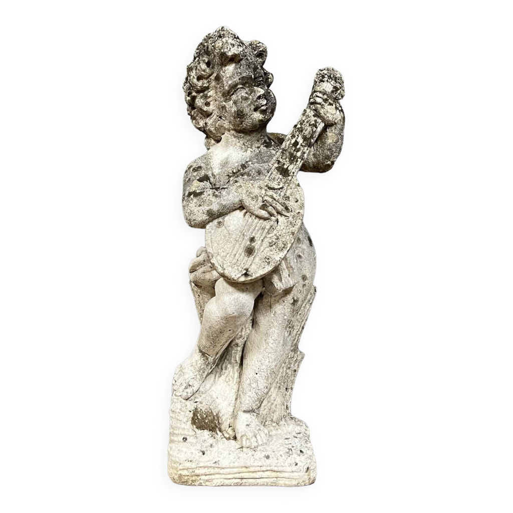 Reconstituted stone statue "putti with a mandolin" circa 1950 | Selency
