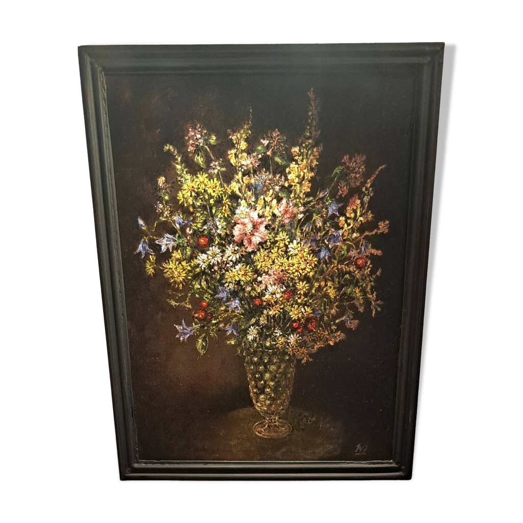 Tableau huile sur toile monogrammée- Nature morte de fleurs des champs vers 1920 | Selency