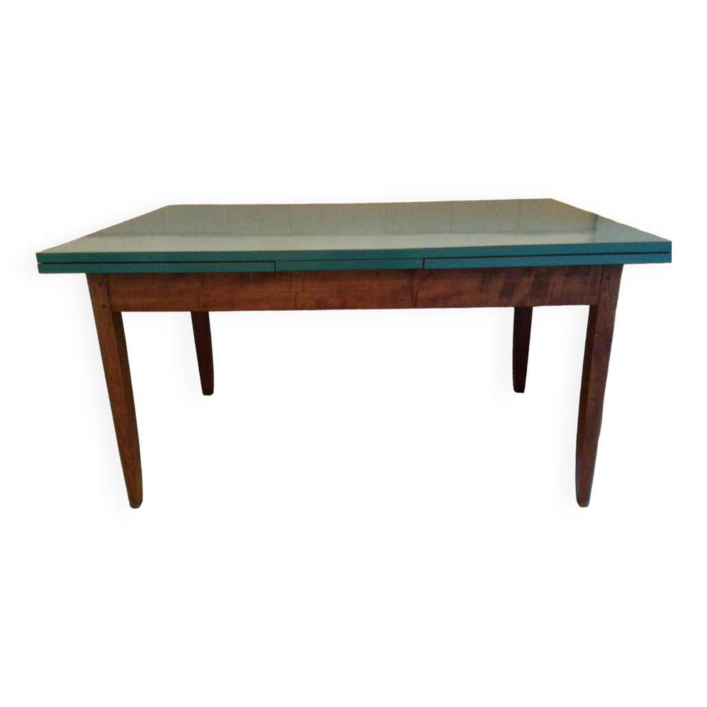 Table extensible en acacia et plateau en formica bleu canard | Selency