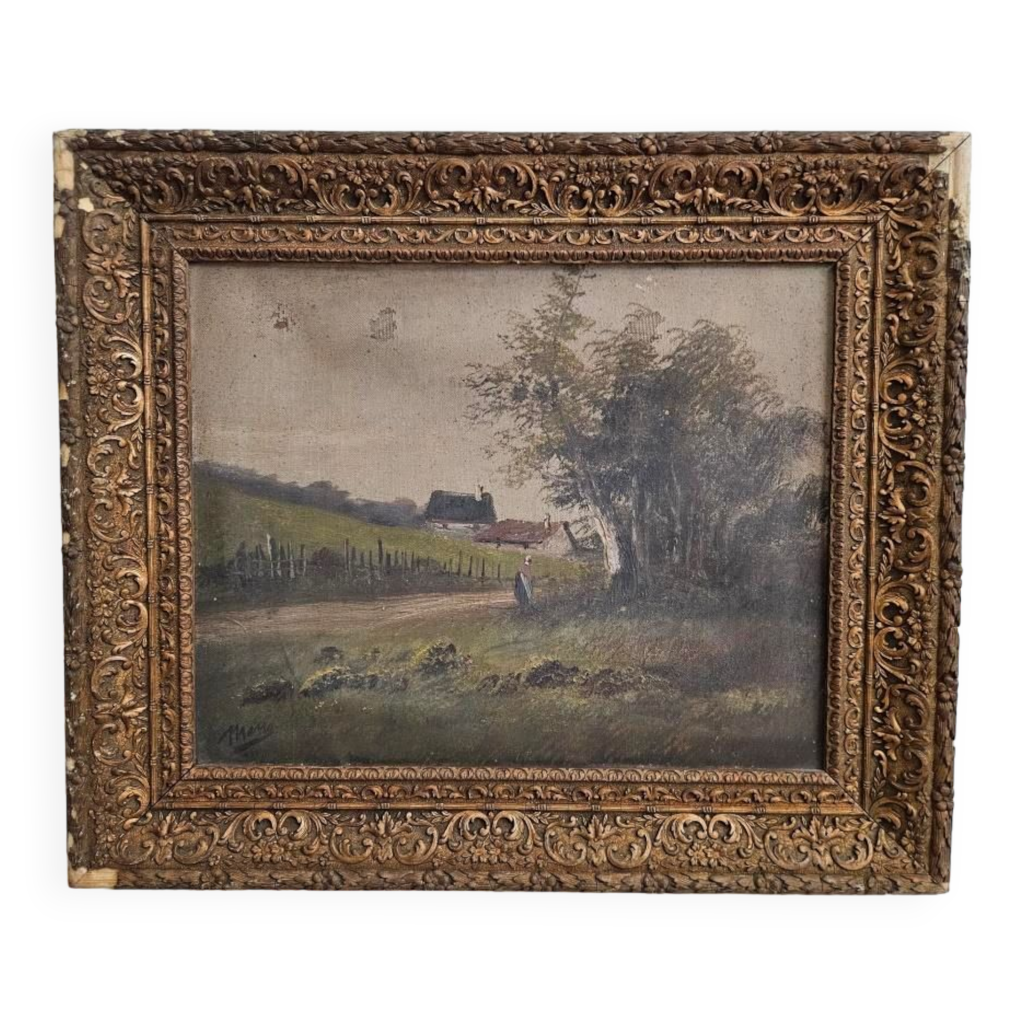 Ancien tableau paysage de campagne - huile sur toile ancienne | Selency