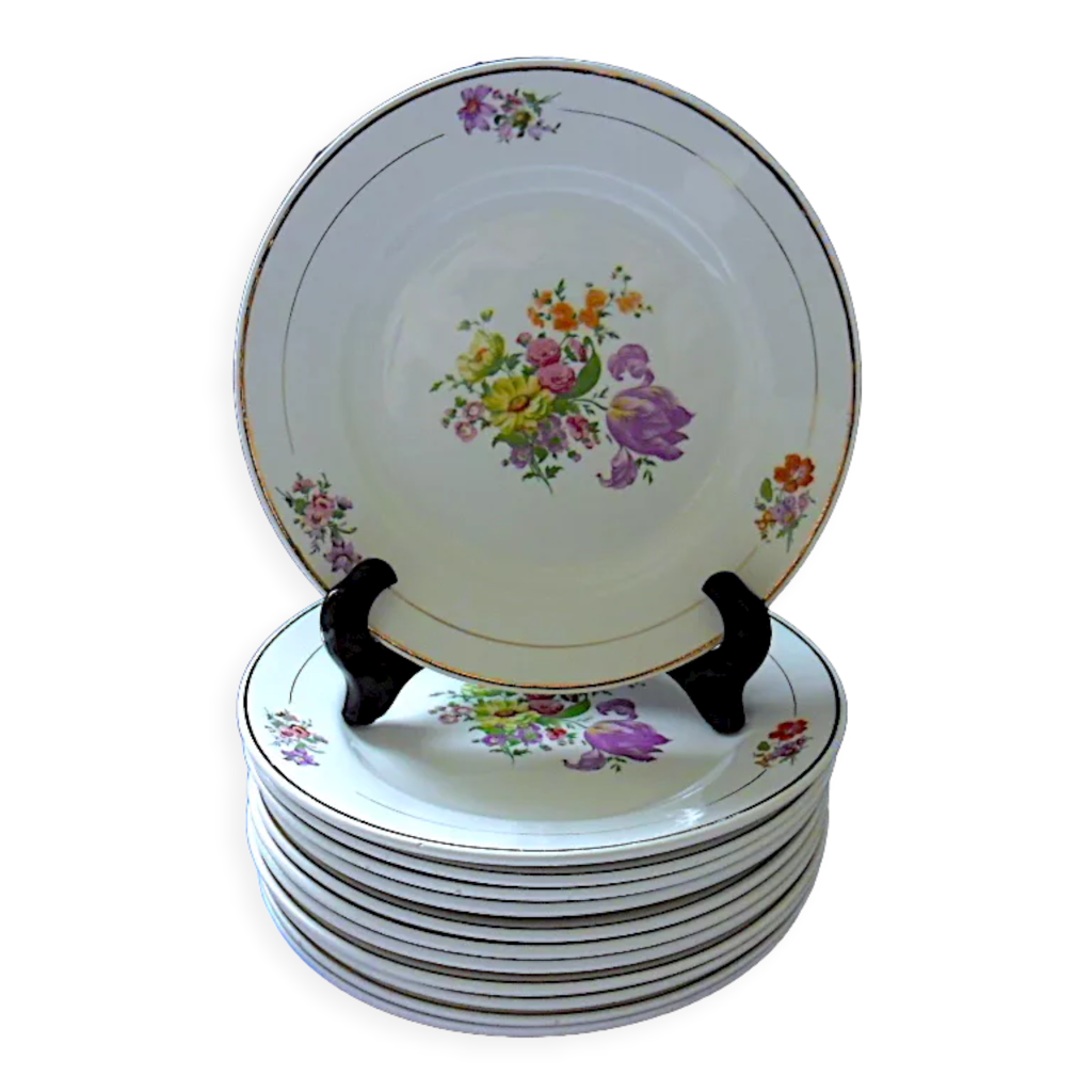 Suite de douze assiettes de tables (plates) à décor floral | Selency