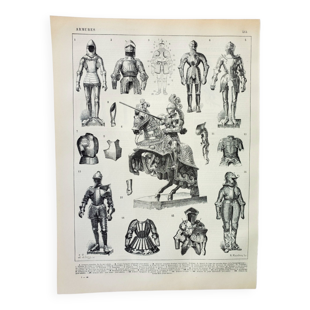 Gravure ancienne 1898, Armures médiévales, chevalier • Lithographie, Planche originale | Selency
